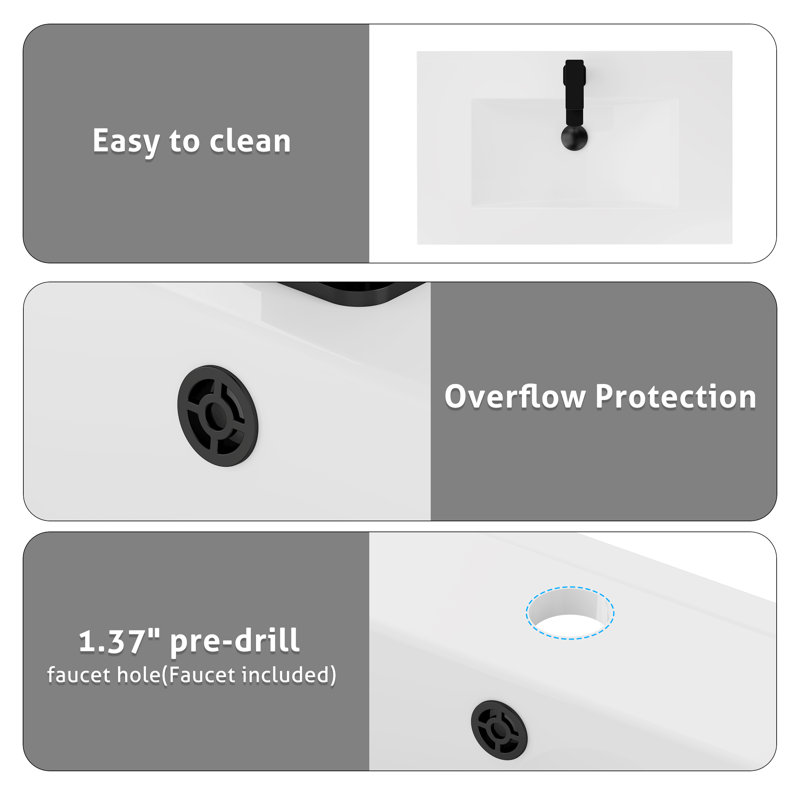 ECLIFE 30" Rectangular Integrated Bathroom Sink with Single Hole Faucet, Drain, Overflow ...